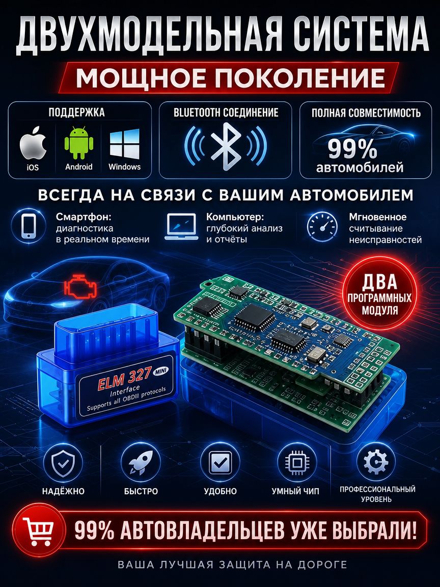 Диагностический автосканер для автомобиля ELM327 OBD2 Bluetooth v1.5 Двухмодельный сканер