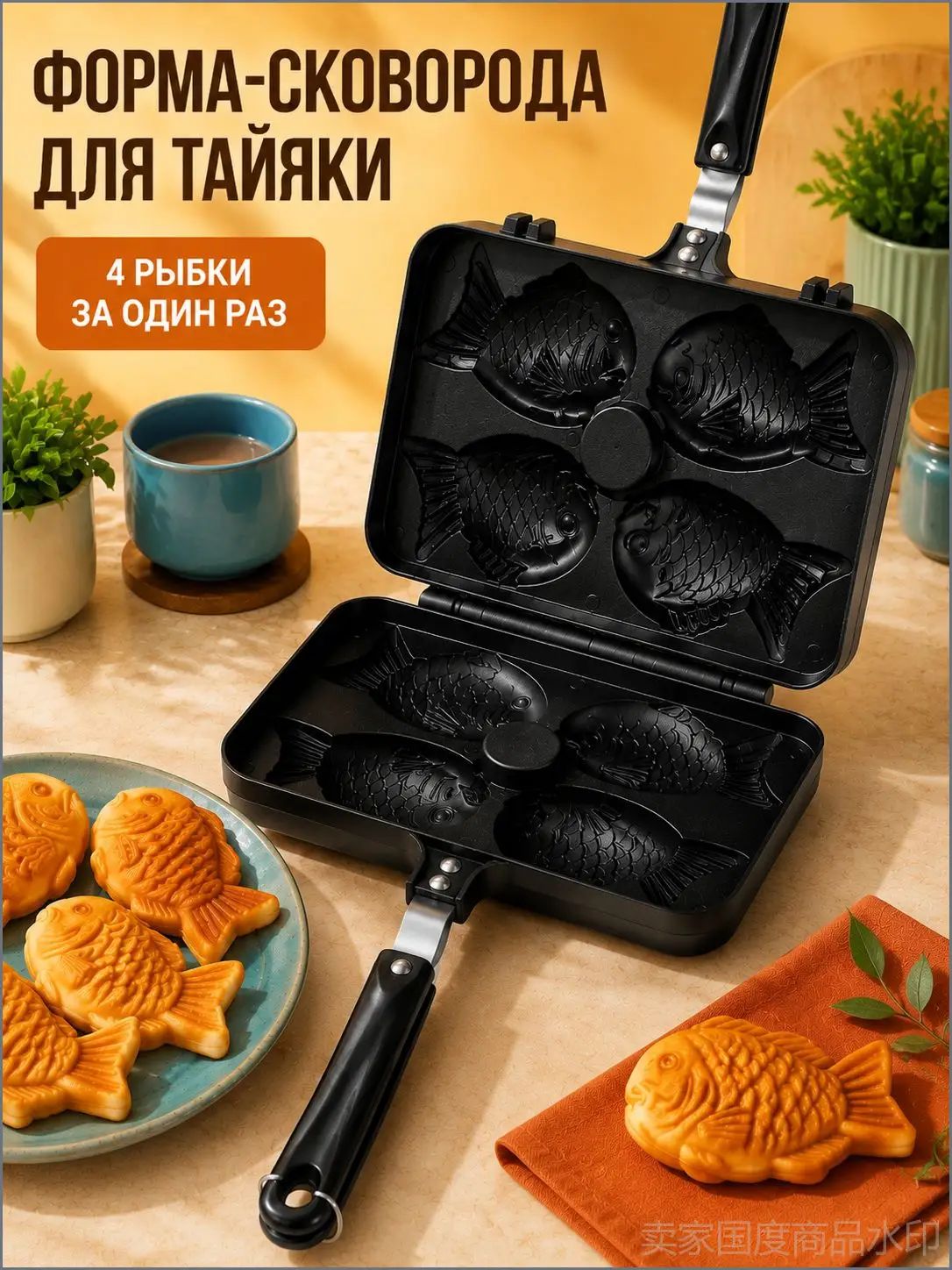 Маффинница Двусторонняя форма-сковорода для тайяки, 1 шт, черный матовый