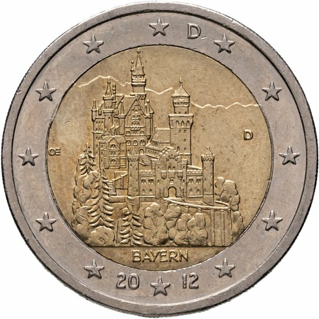 Германия 2 евро 2012 D "Федеральные земли Германии: Бавария", Биметалл, в сохранности UNC
