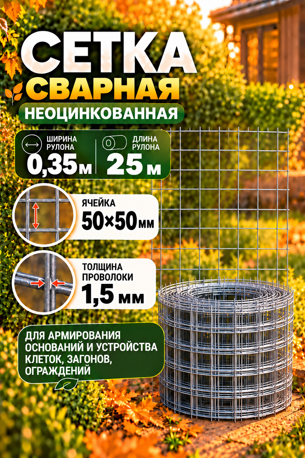 Сетка сварная 50х50 мм, проволока 1,5 мм, рулон 0,35х25 м, металлическая для забора, клеток, армирования и кладки
