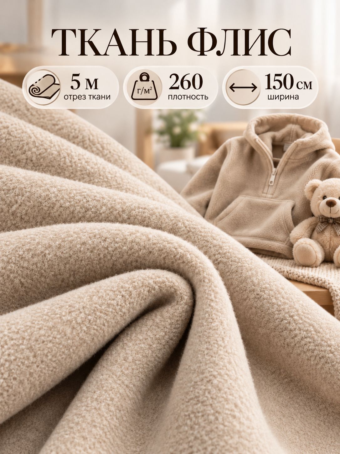Ткань Флис, цв. бежевый, ш-150 см, пл. 260 г/м2, отрез 5 метр