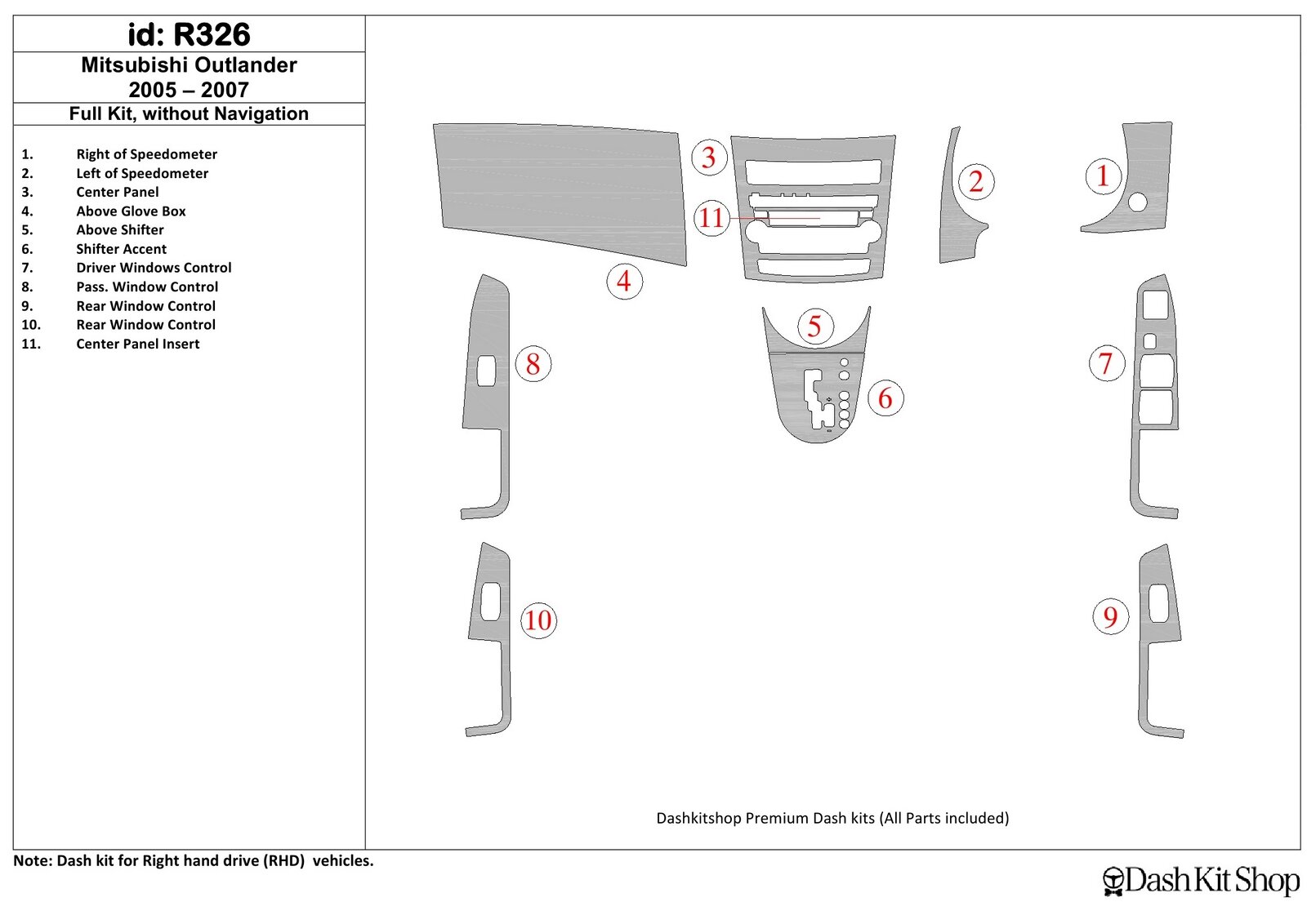 Декоративные накладки салона для Mitsubishi Outlander 2005-UP. Комплект R326.