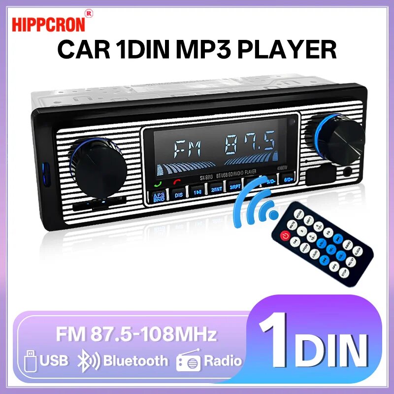 Автомобильная Магнитола HIPPCRON 1 Din, MP3-плеер, Мультимедийный Проигрыватель, Bluetooth, FM-радио, USB, SD-карта, AUX-вход