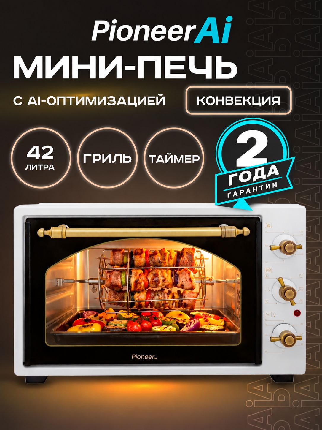 Ретро-электропечь 42л с грилем И конвекцией Pioneer MO5145G, 6 режимов нагрева, насадка для шашлыка, форма для пиццы, подсветка, таймер, 2 года гарантии, 2000 Вт