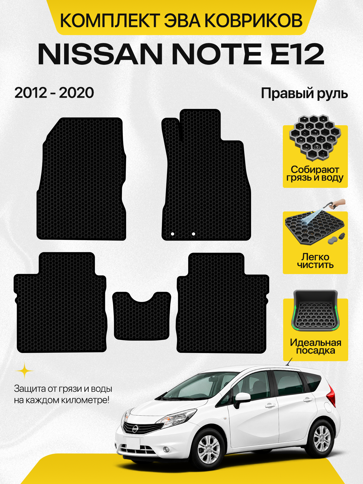 Эва коврики для NISSAN NOTE E12 2012-2020 Правый руль (Не Гибрид), черный с черным кантом ( Ниссан Нот в кузове Е12, Ниссан Ноут E12 ) Eva, Ева