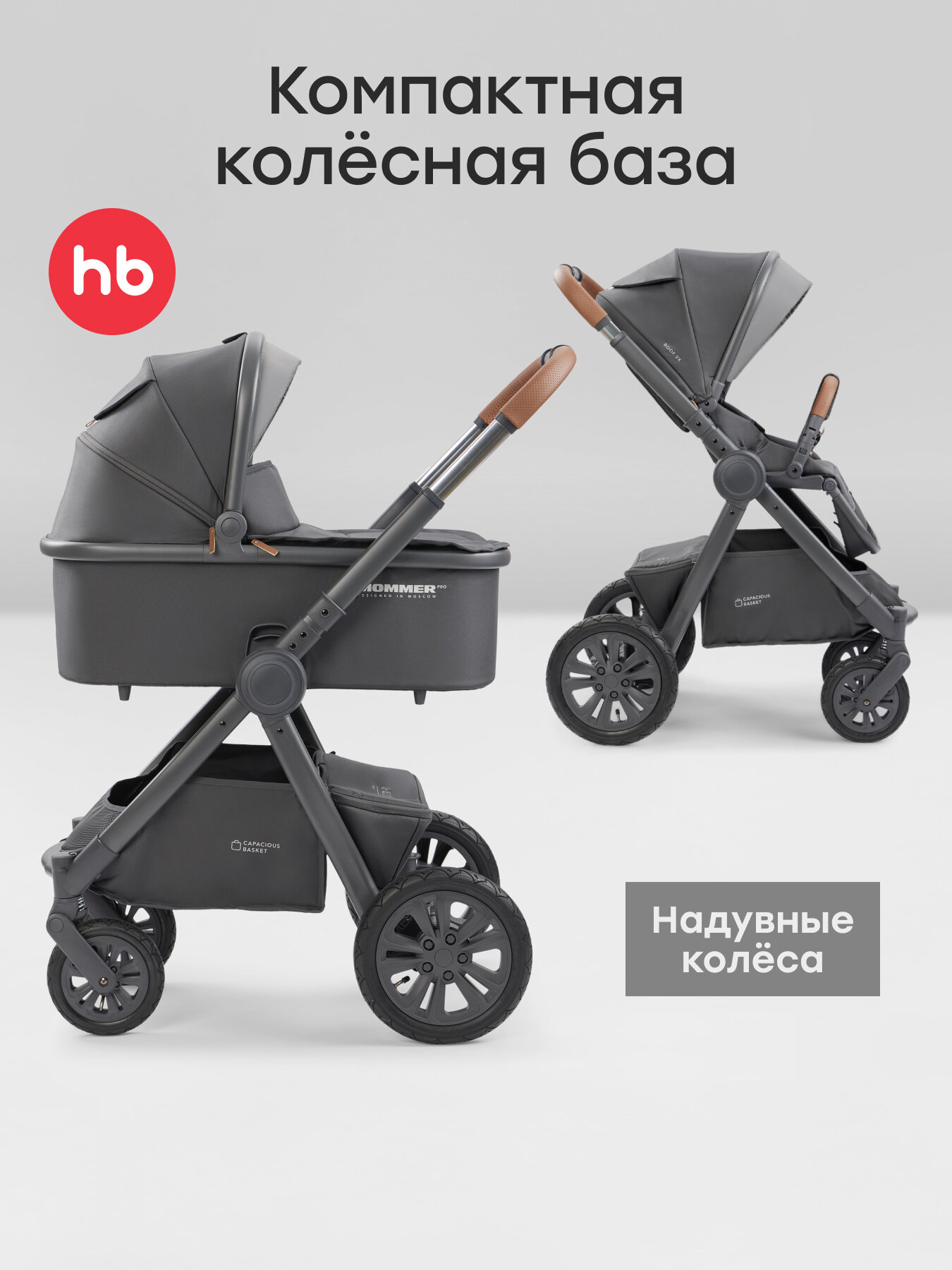 Коляска для новорожденных трансформер Happy Baby MOMMER PRO NOVA 2 блока, с матрасик, 2в1, реверсивный блок, темно-серая