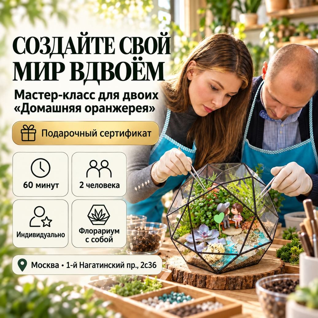 Подарочный сертификат «Мастер-класс для двоих Домашняя оранжерея» (60 минут, 2 человека)