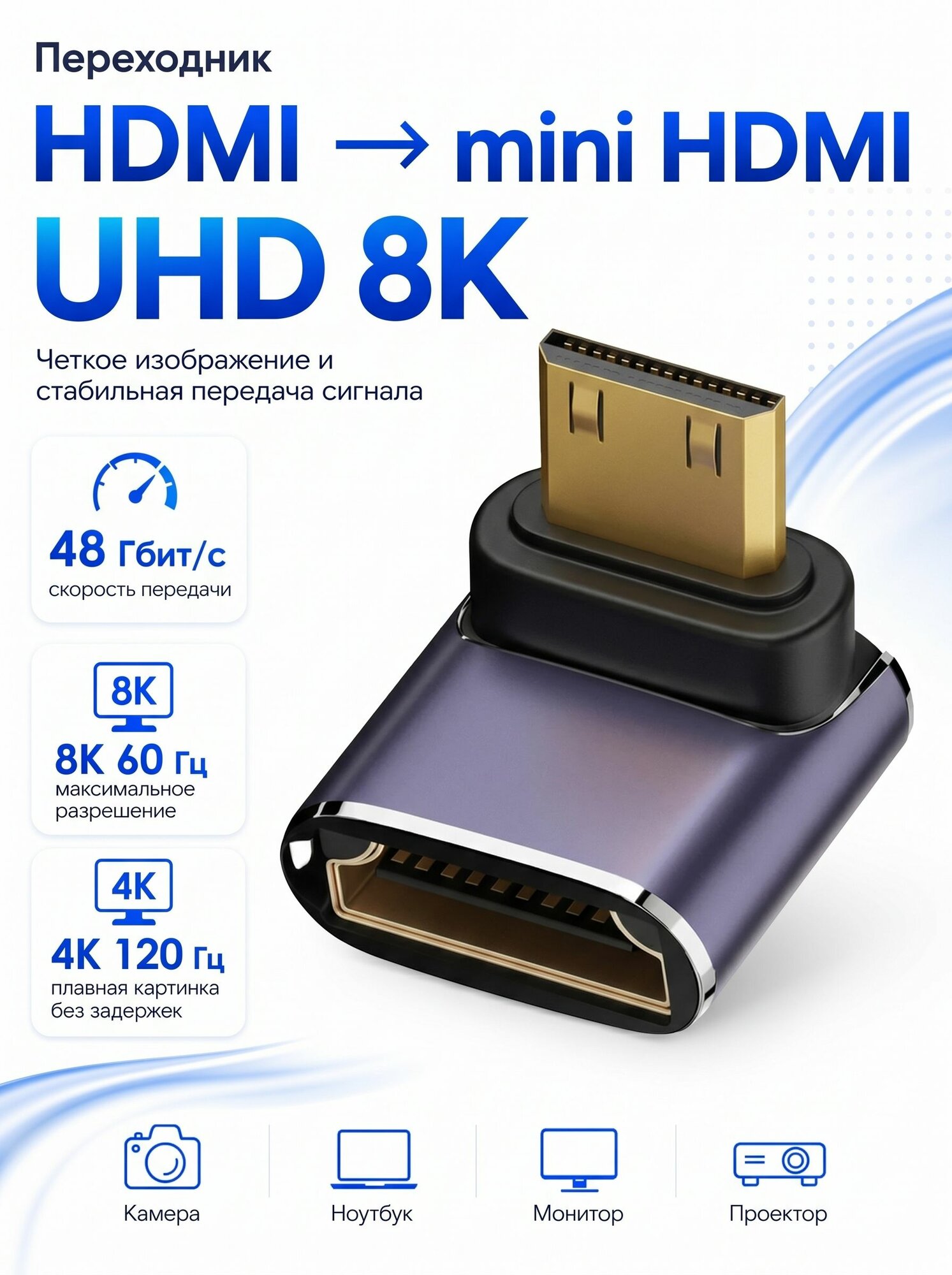 Переходник угловой HDMI (F) - mini HDMI (M) 2.1, UHD - 8K/60Hz, угол 90 градусов вниз