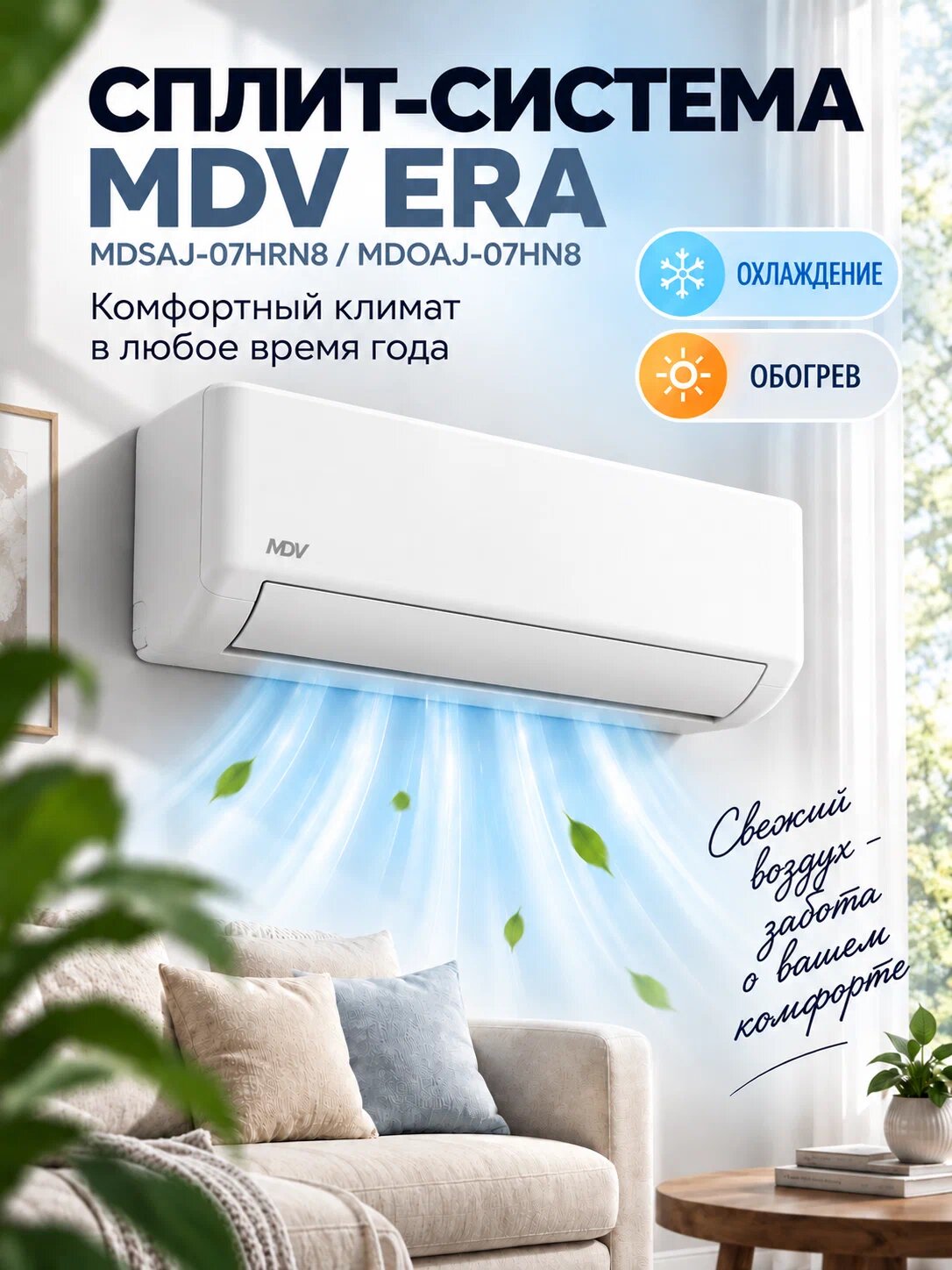 Кондиционер MDV Era MDSAJ-07HRN8/MDOAJ-07HN8, сплит система, до 20 м. кв, настенный