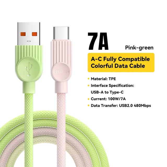 Кабель USB TYPE C / 1.0 М / Essager 7А 100 вт USB Type-C для Samsung Xiaomi OPPO Realme Honor / Шнур для быстрой зарядки и передачи данных / Шнур тайпси