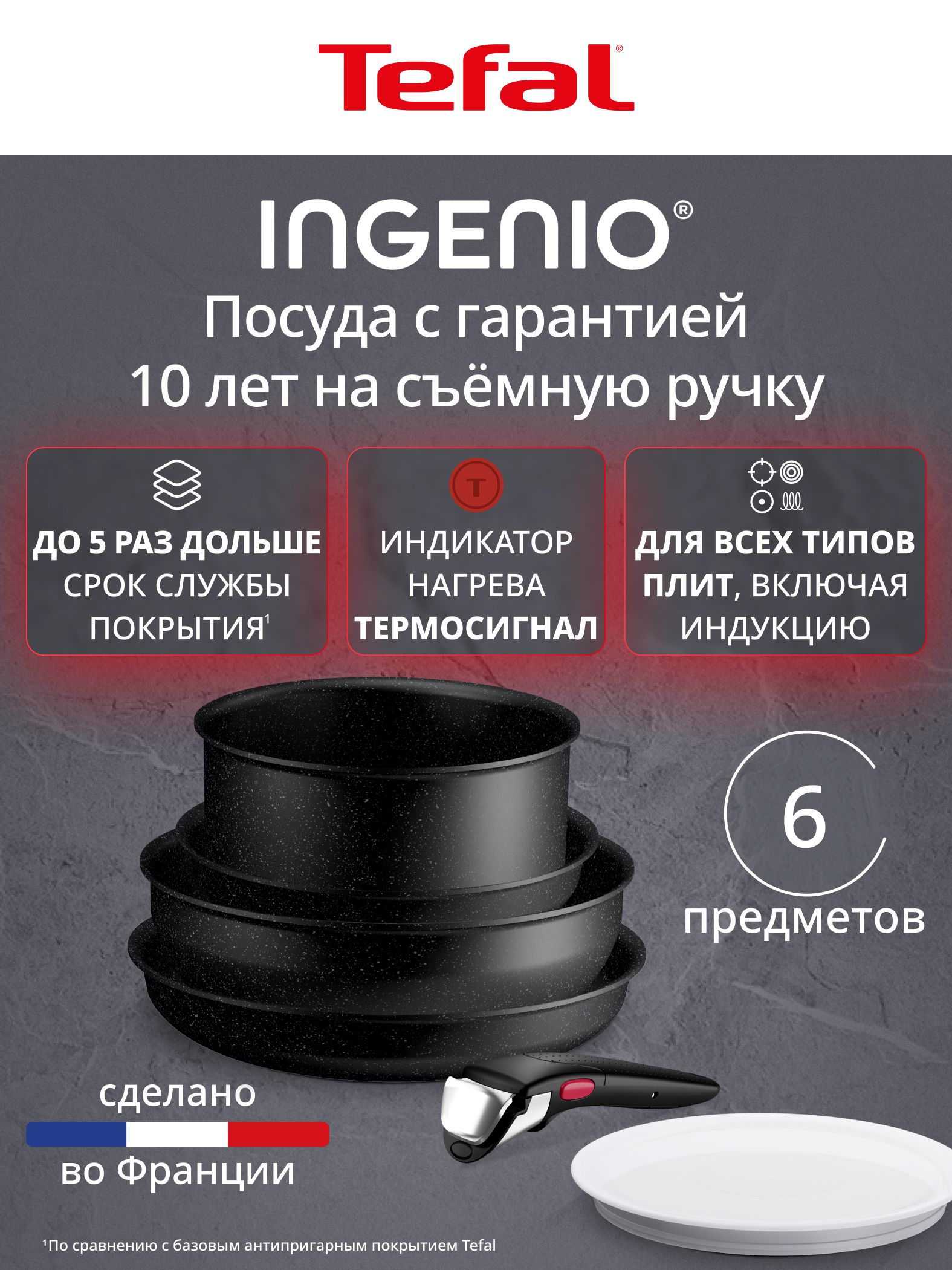 Набор Tefal Ingenio Expertise P0029172, 6 предметов, сковорода 22/26 см, ковш 20 см, сковорода вок 26 см, пластиковая крышка 20 см, съемная ручка