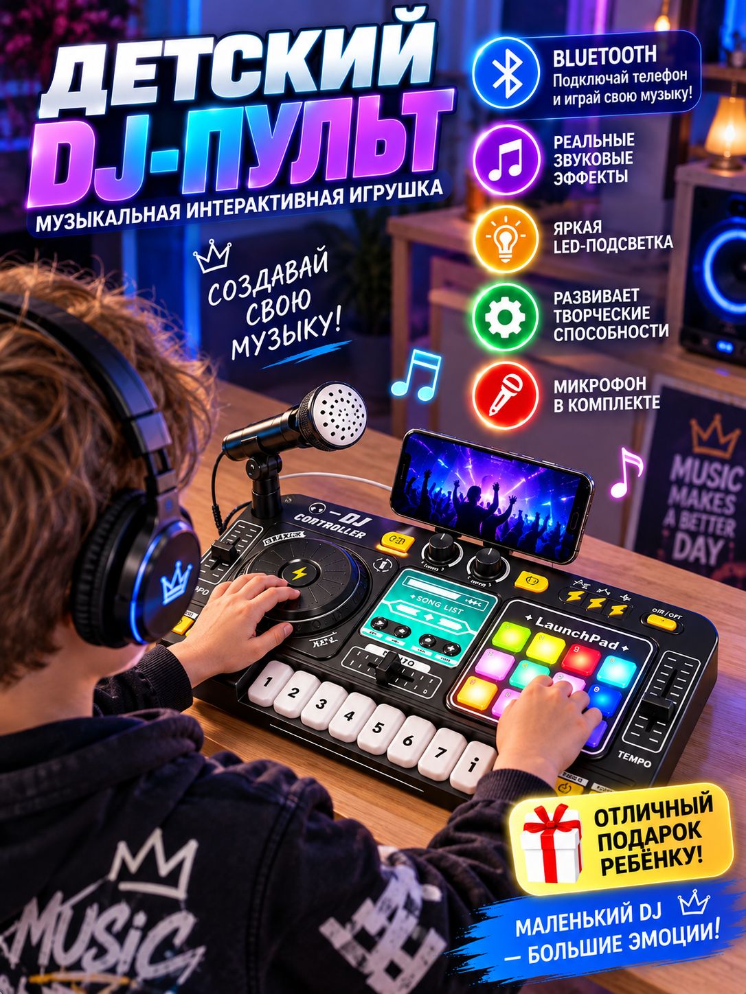Диджейский микшерный пульт, Музыкальная интерактивная игрушка с микрофоном