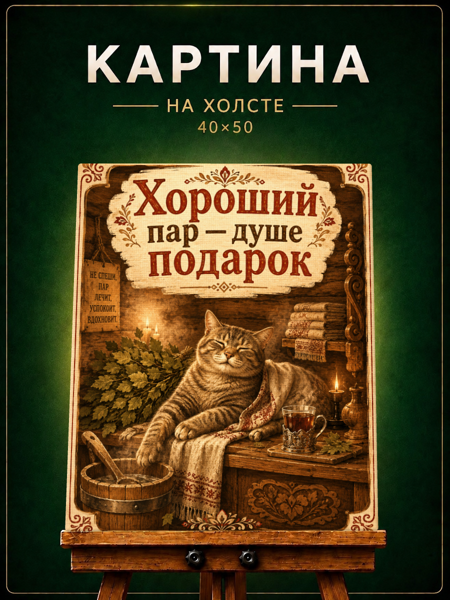 Картина на стену Кот на холсте 40х50 на подрамнике для бани с медведем в русском стиле интерьерная