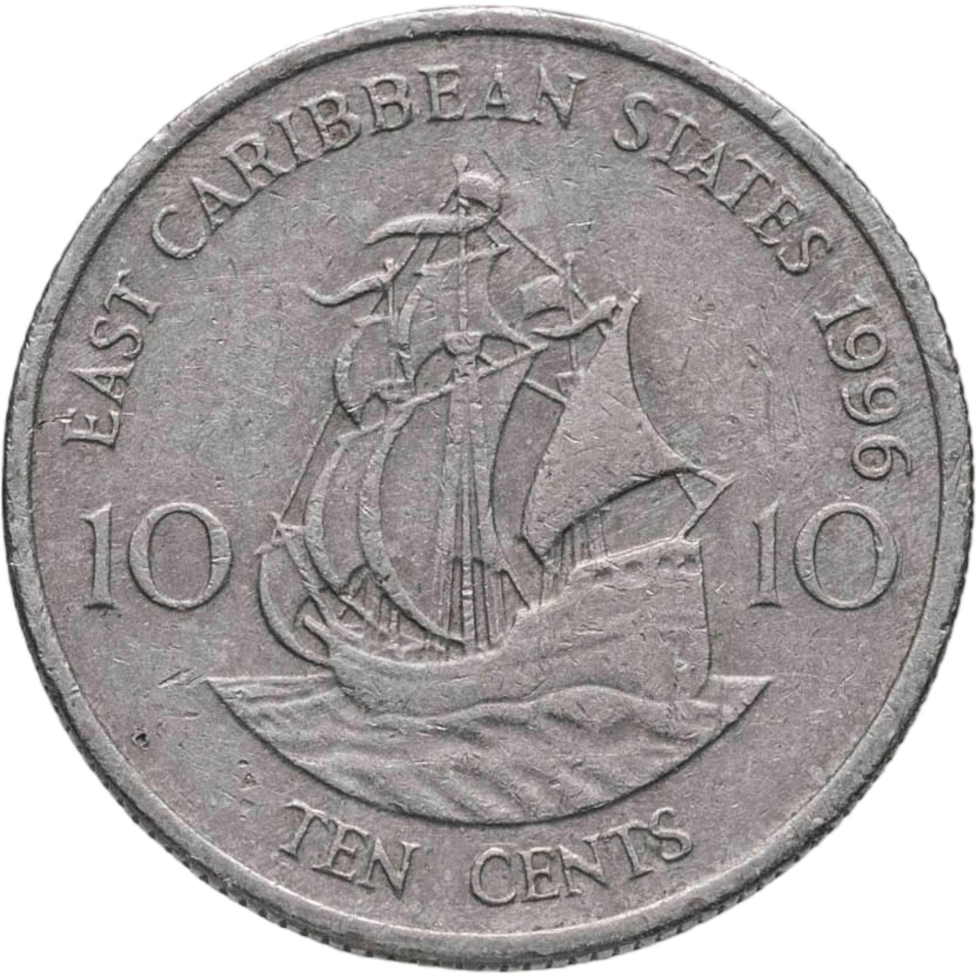 Восточные Карибы 10 центов cents 1996, Мельхиор медь-никель, в сохранности VF-XF