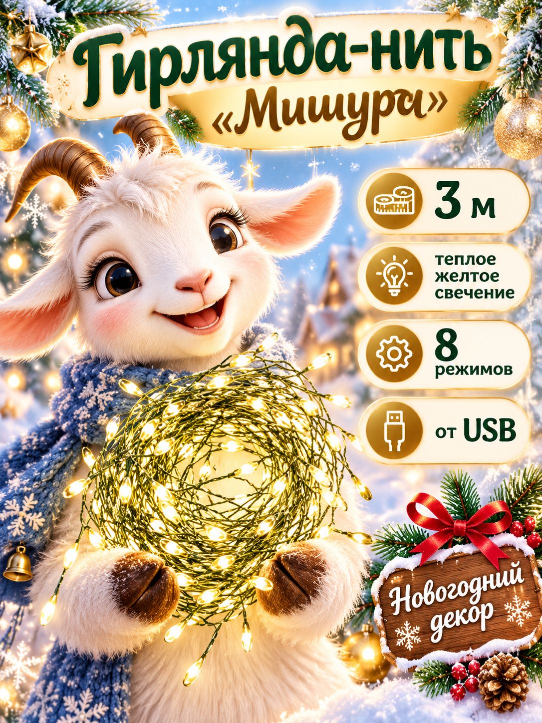 Гирлянда нить мишура 3 м (зеленый провод) хвойная лапа роса на елку, от USB, теплый свет