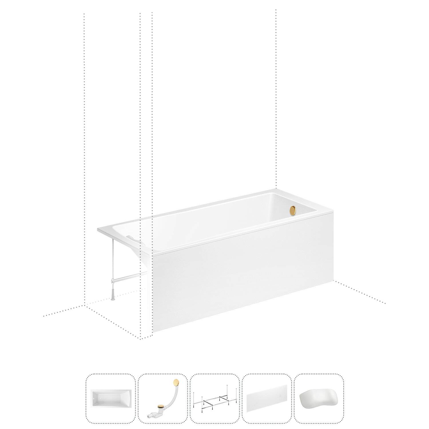 Акриловая ванна 170x75 с каркасом и экраном Lavinia Boho One 202011764 в наборе 5 в 1: прямоугольная ванна 170 x 75 см, слив-перелив, каркас, экран, подголовник