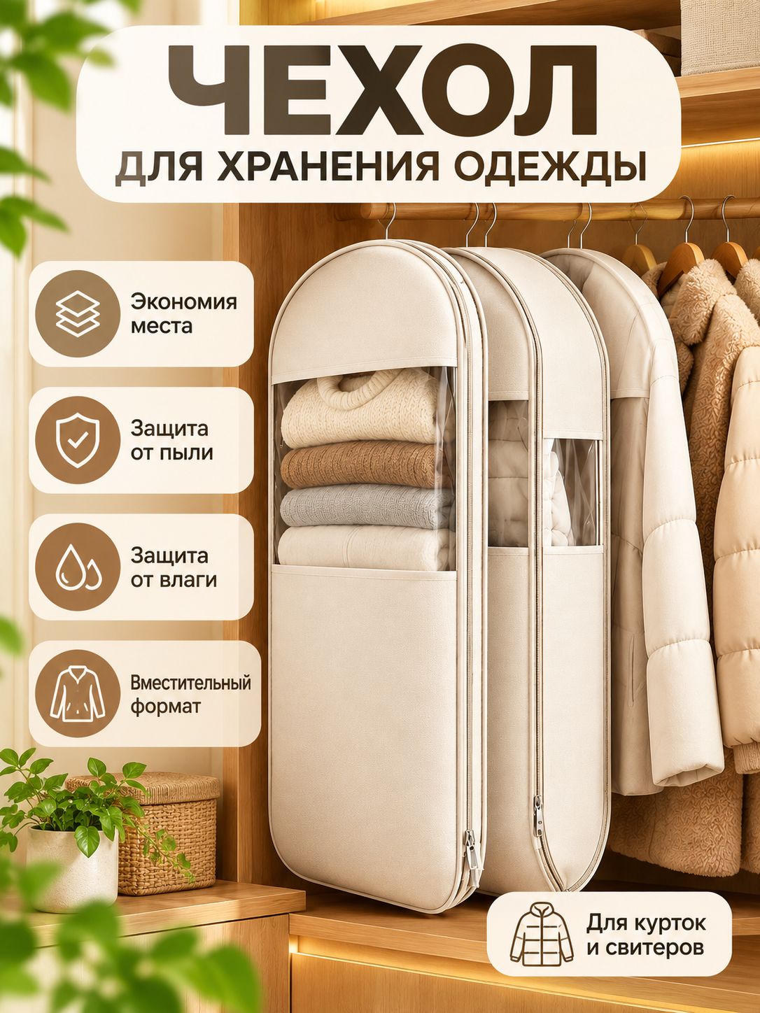 Чехол для хранения одежды подвесной большой, органайзер для шкафа с молнией и прозрачным окном, для пуховиков, пальто, курток и свитеров