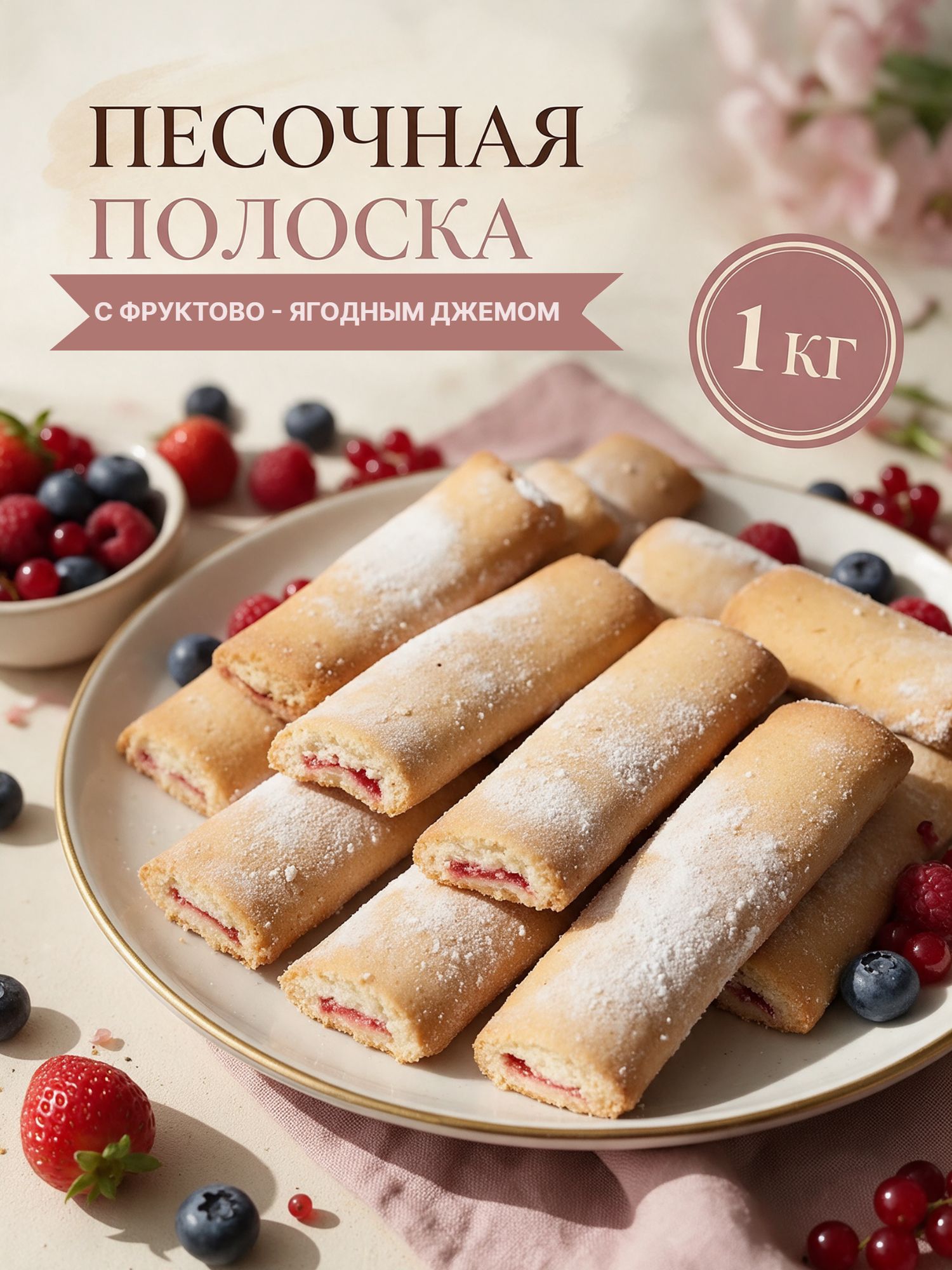 Печенье сдобное Песочная полоска с джемом, в сахарной пудре, Элза, 1 кг