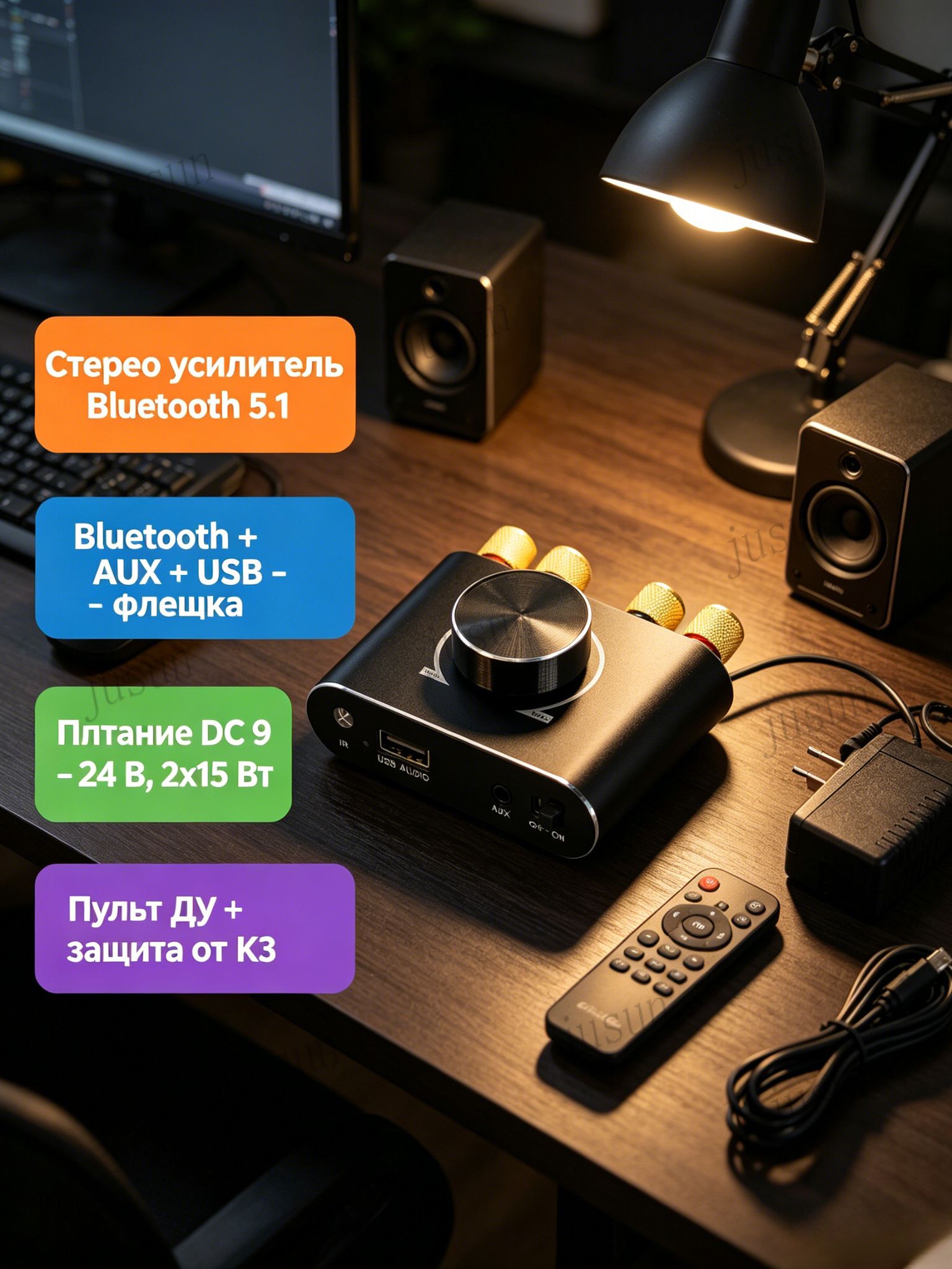 Стерео Bluetooth-усилитель мощности 5.1, 2x15 Вт, поддержка USB-флешки и AUX, DC 9-24 В, с пультом ДУ