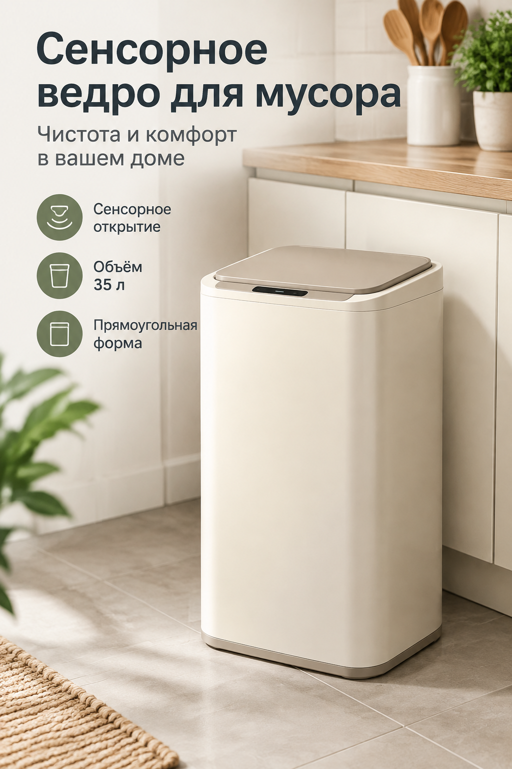 Lfish Пластиковое сенсорное ведро для мусора, 35 л, прямоугольное