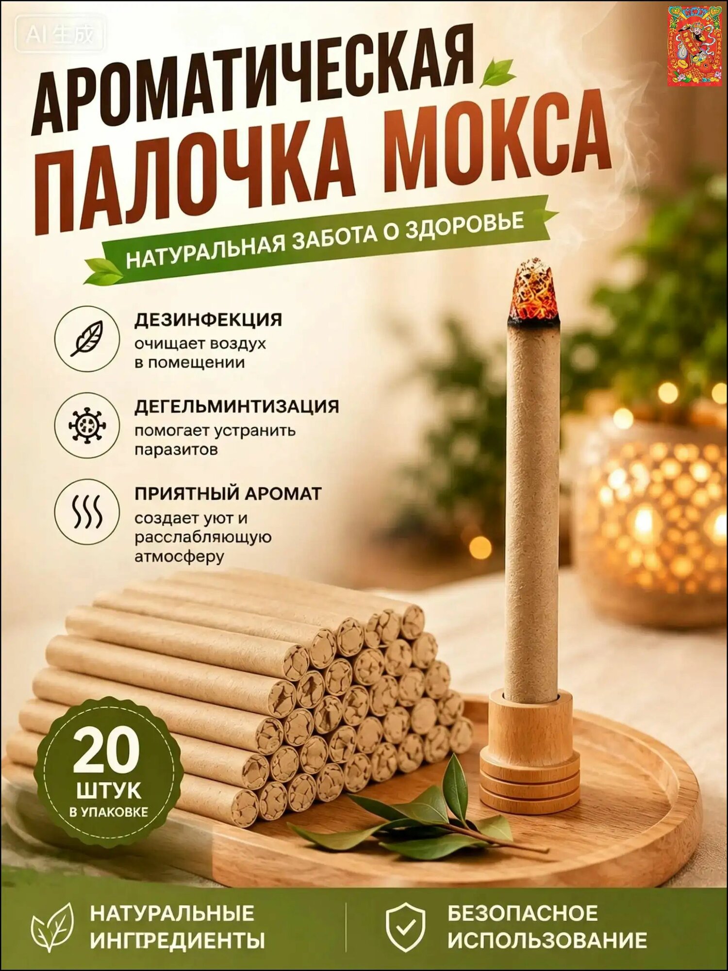 Ароматические палочки из полыни, Для очистки воздуха и борьбы с насекомыми,20 корень