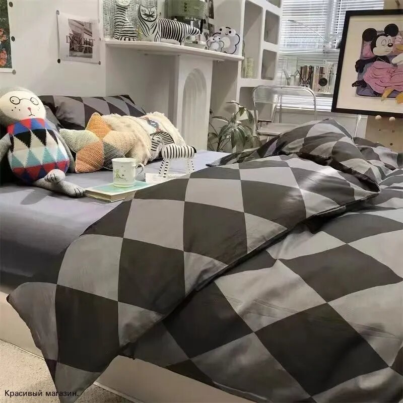 Пододеяльник 120x200 см велюр натуральный, на молнии, серый, черный облака
