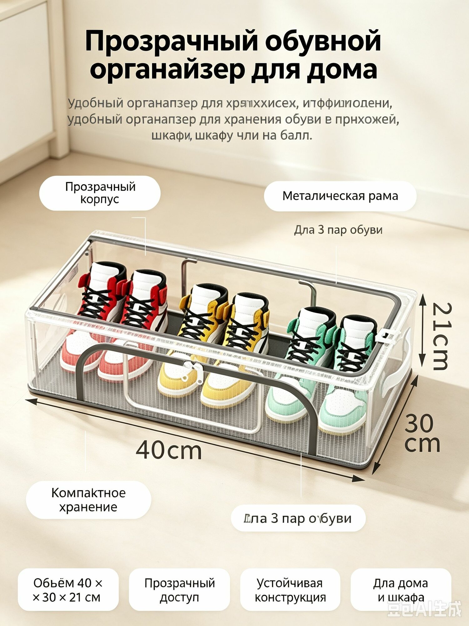 Коробка для хранения длина 40 см, ширина 30 см, высота 21 см, 1 шт, abs пластик, прозрачный