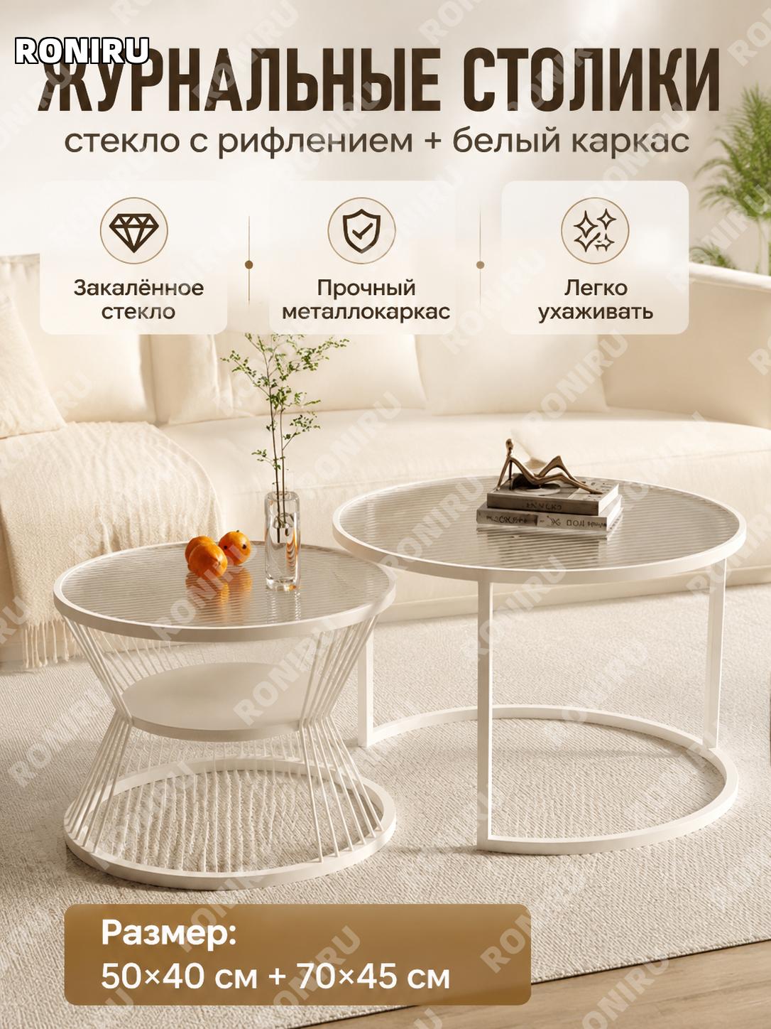 Круглый журнальный столик из закаленного стекла 50×40+70×45 см, комплект, рифленое стекло, белый каркас для дома
