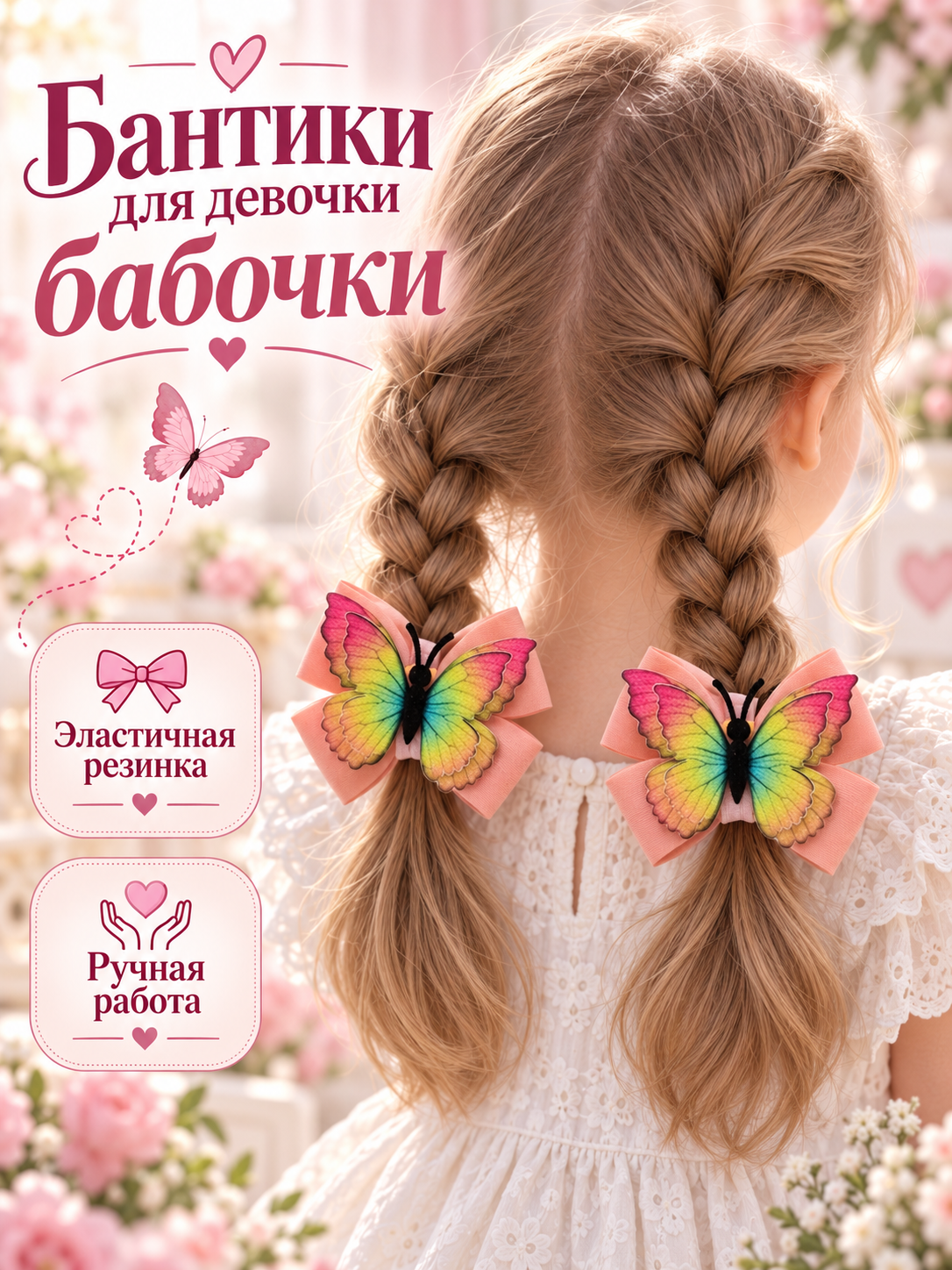 Резинки для волос с бантиками и бабочками для девочки Арт и Дизайн, персиковые, 3 см, 2 шт