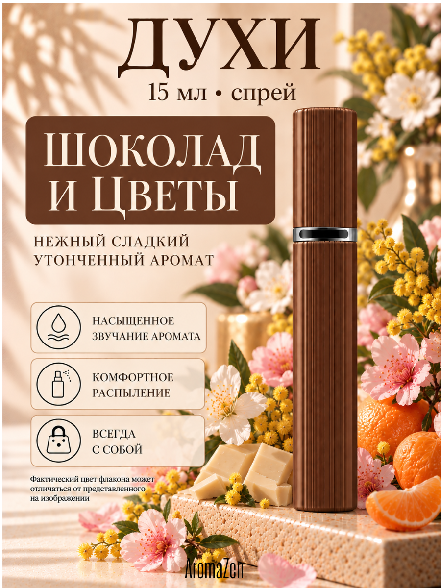 Духи Шоколад и Цветы 15 мл унисекс, сладкие, парфюм-спрей / AromaZen