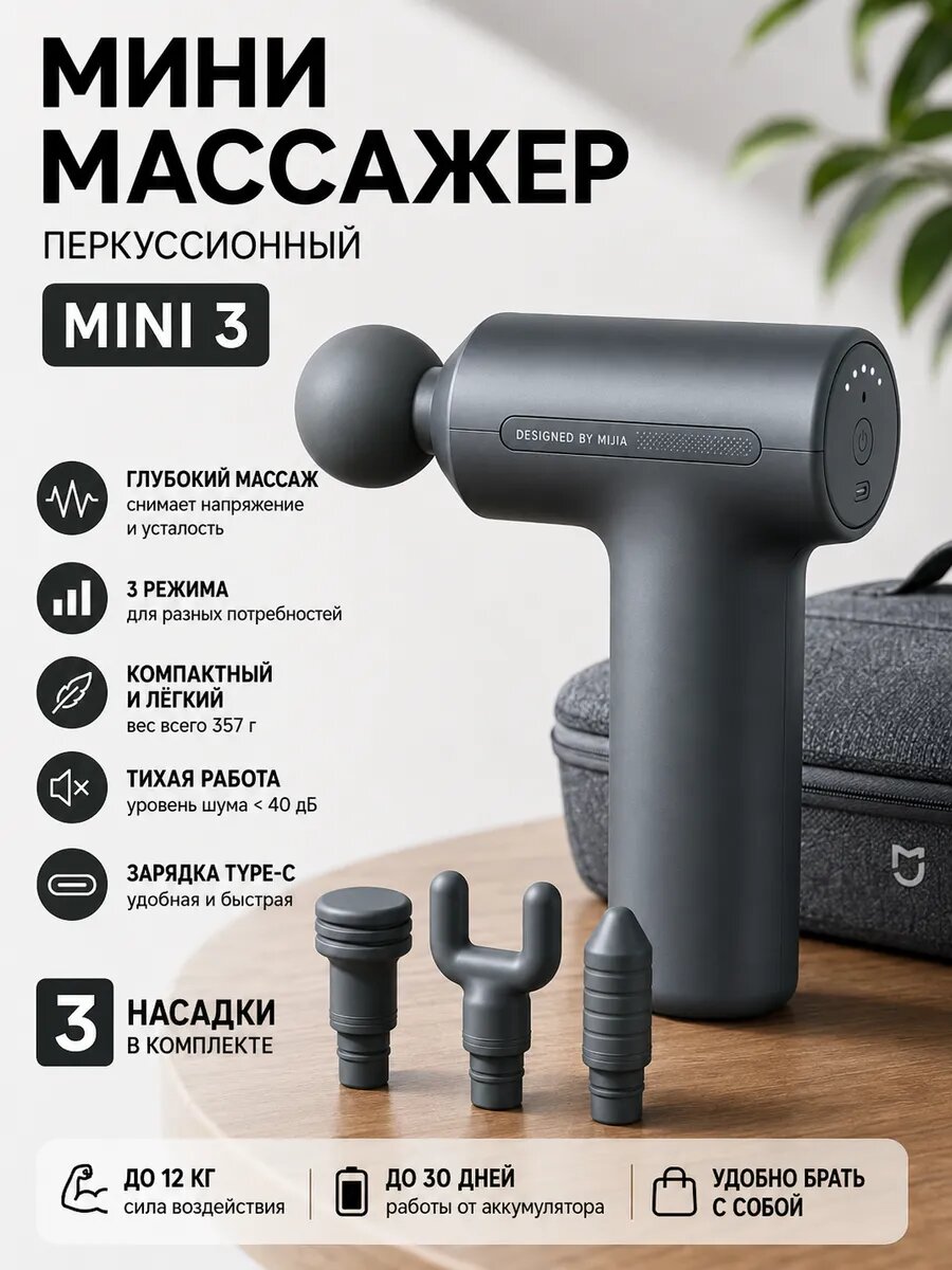 Массажер перкуссионный Xiaomi Mijia Mini 3 MJJMQ07YM для тела и мышц, массажный пистолет, 3 режима, 3 насадки, серый
