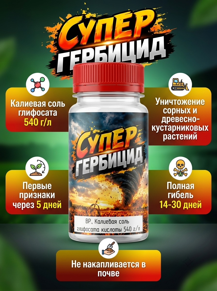 Самый Мощный супер Гербицид (глифосат 540г/л, 1 литр) от сорняков и борщевика, аналог раундапа, ураган фортэ и др