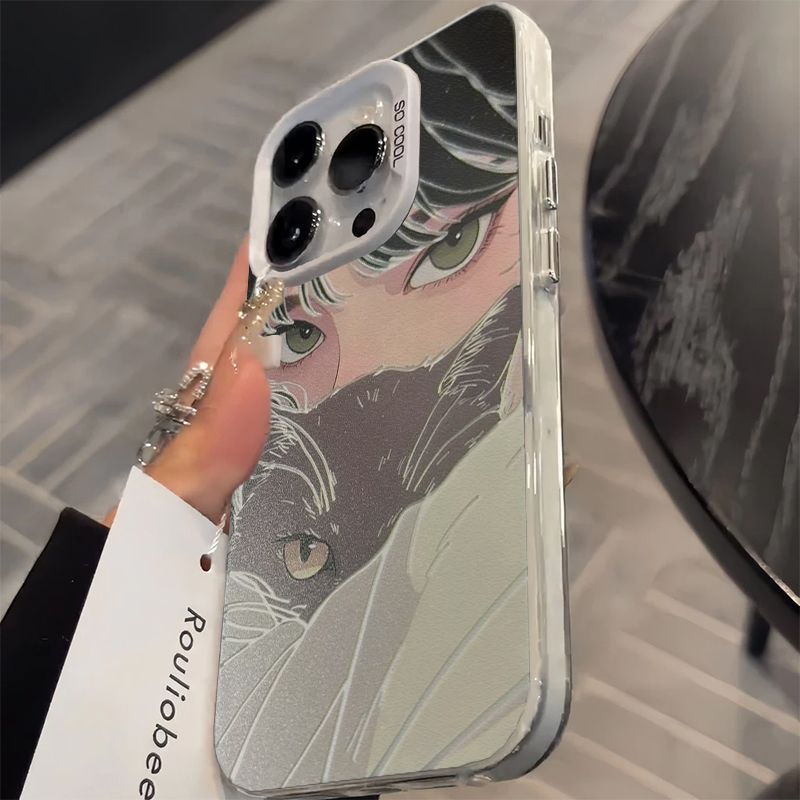 Чехол на Aйфон 13 Про Макс / IPHONE 13 PRO MAX белый противоударный чехол с аниме-персонажем девушки с зелеными глазами и черной кошкой, усиленная защита камеры и граней