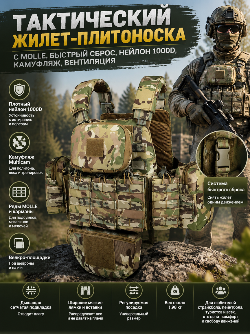 Тактический жилет-плитоноска с MOLLE, быстрый сброс, нейлон 1000D, камуфляж, вентиляция