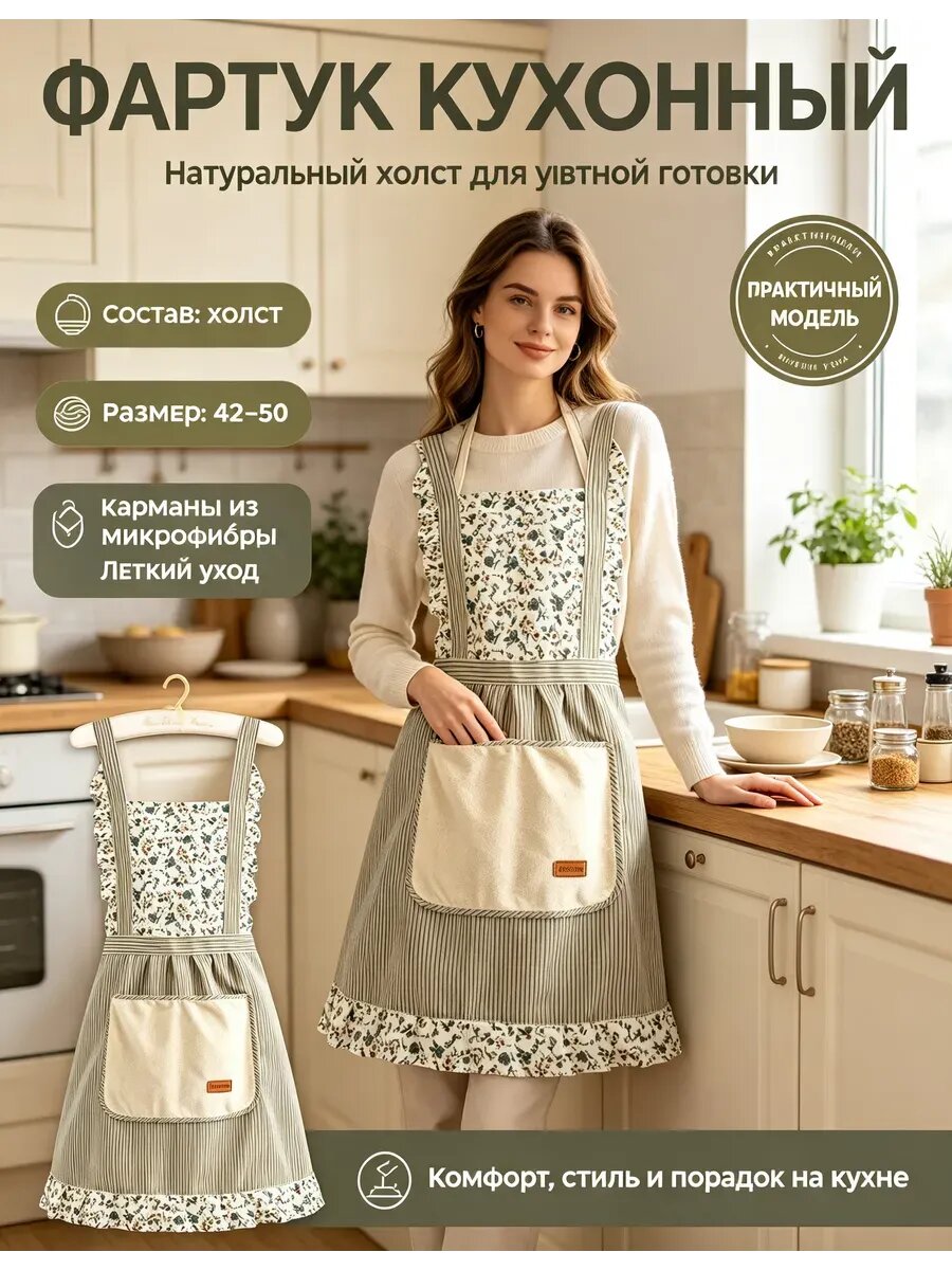 Фартук кухонный женский с карманами и рюшами передник