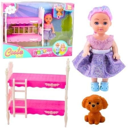 Кукла Lean Toys мини-кукла в платье с двухъярусной кроватью и собачкой, разноцветный, 12 см