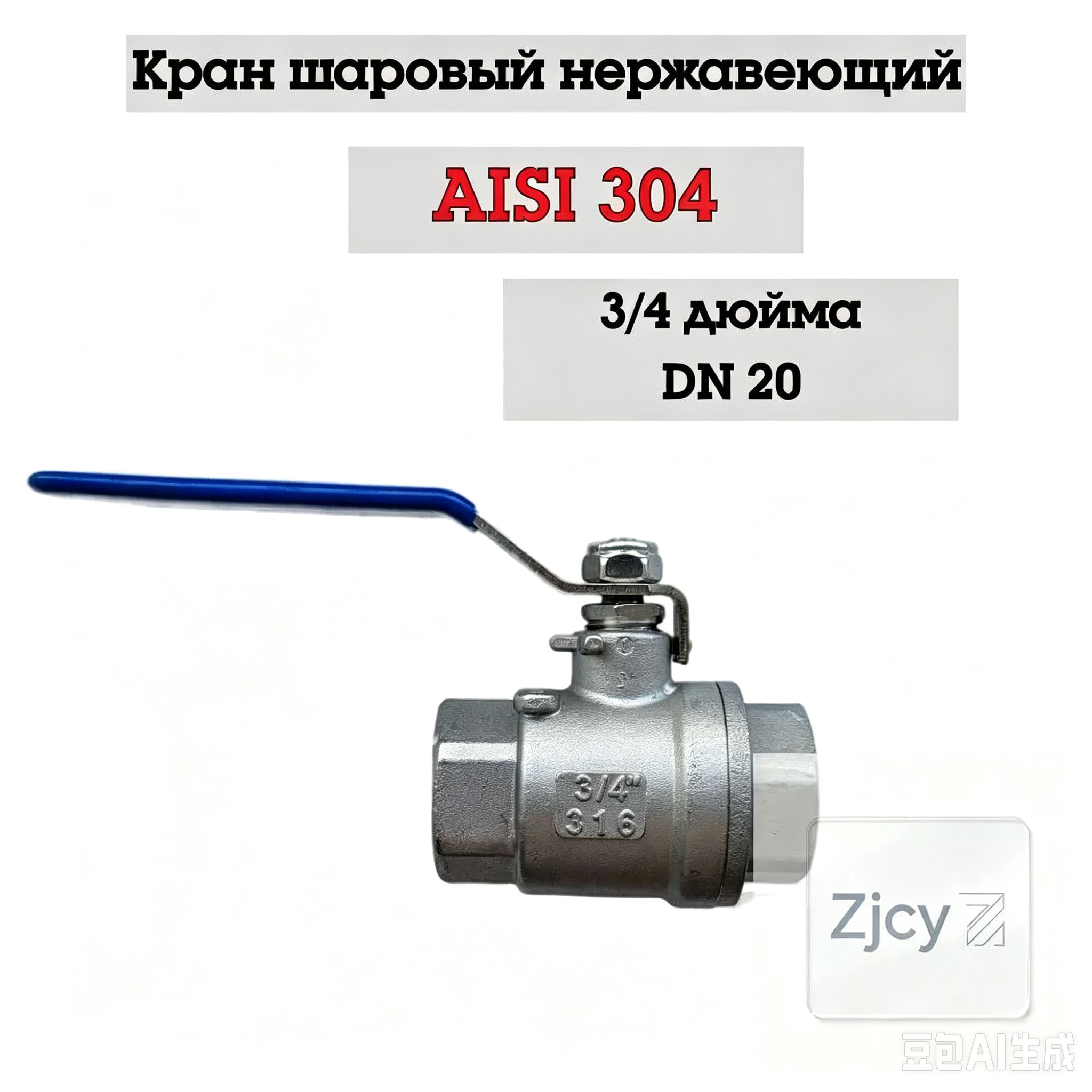 Кран шаровый муфтовый нержавеющий 3/4" Dn 20 вр/вр полнопроходный кислотостойкий 304