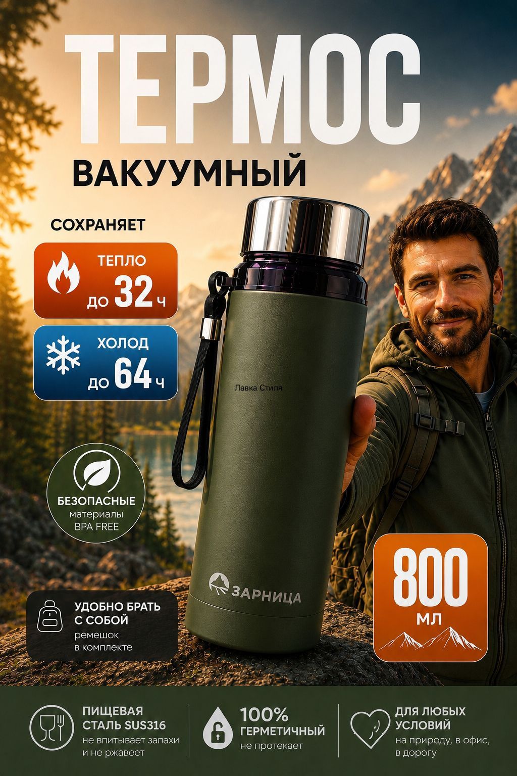 Термос 0.8 л, холод 64 ч, тепло 32 ч, вакуумный, зеленый