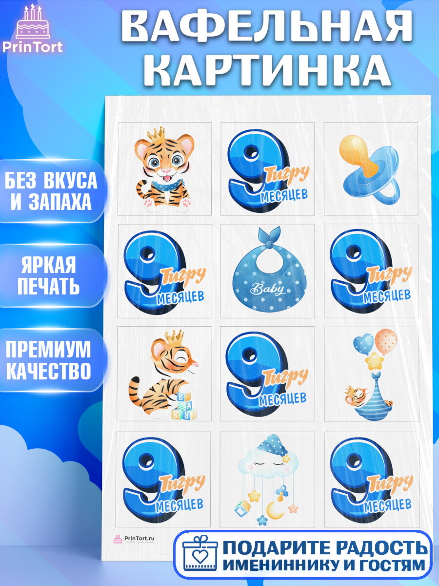 Вафельная картинка для торта Мальчику 9 месяцев. Украшения для торта мальчику на День Рождения. Декор для выпечки PrinTort