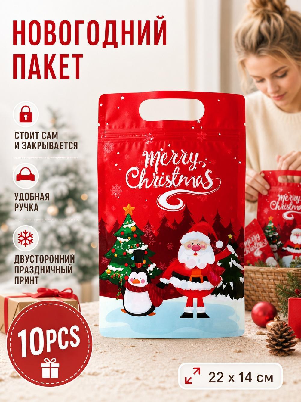 Пакет подарочный новогодний с зип-застежкой и ручкой, 22х14 см, 10 шт, красный