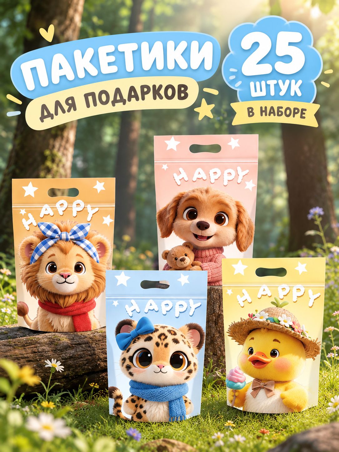 Пакеты подарочные маленькие с днем рождения, в детский сад, в школу, для подарков и сладостей, пакетики для угощений, с ziplock замком, 25 штук.