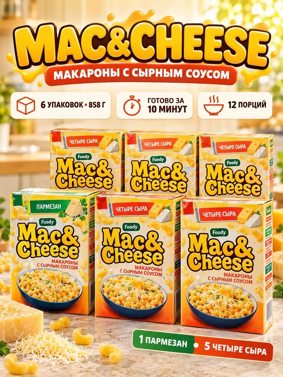 Макароны Mac&Cheese Пармезан, 4 сыра ×5 набор 6 шт 858 г, срок годности 306 дней