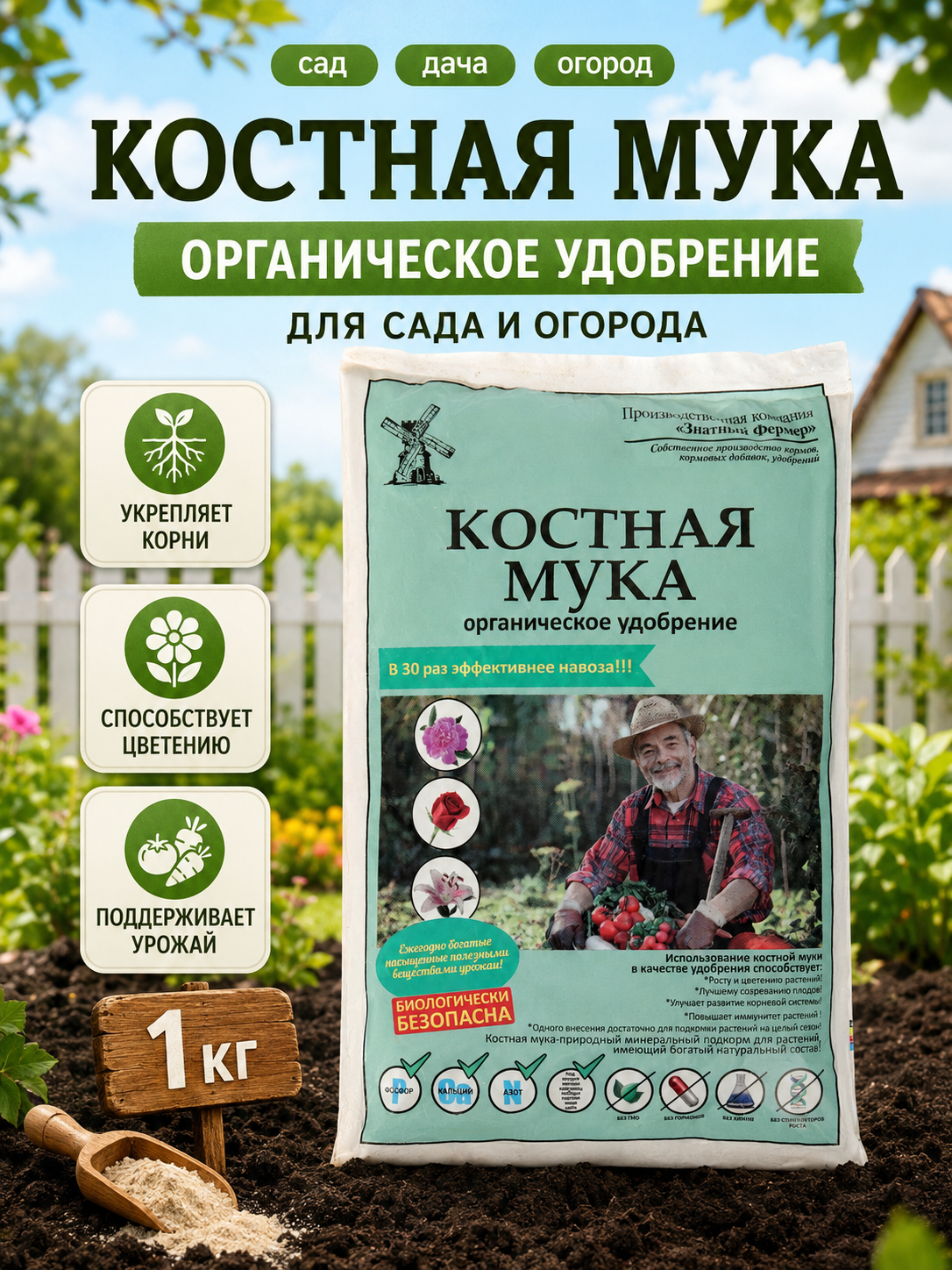 Удобрение органическое Знатный фермер Мука костная, универсальное, 1 кг