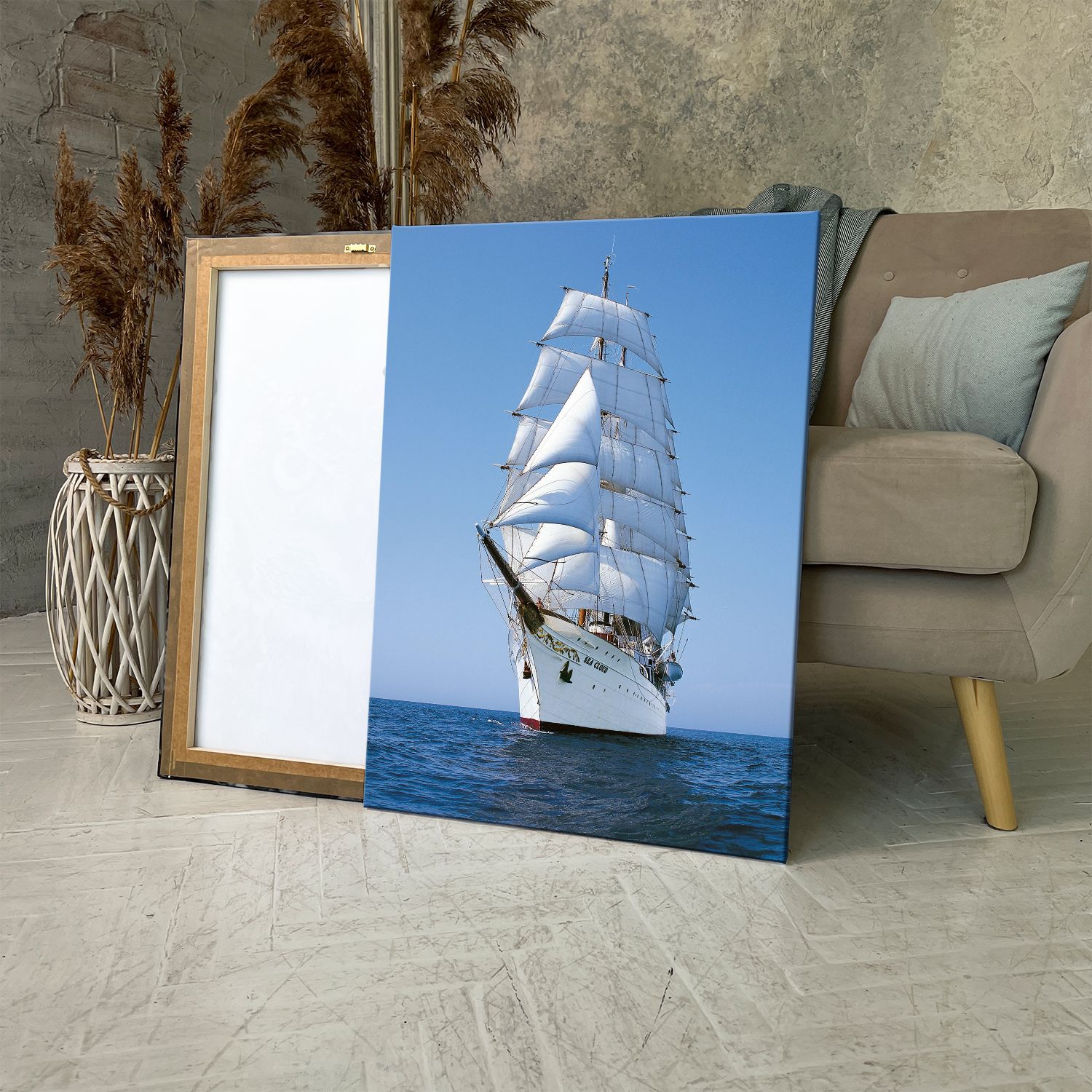 Картина на холсте (Белый парусник) 60x80 см. Интерьерная, на стену.
