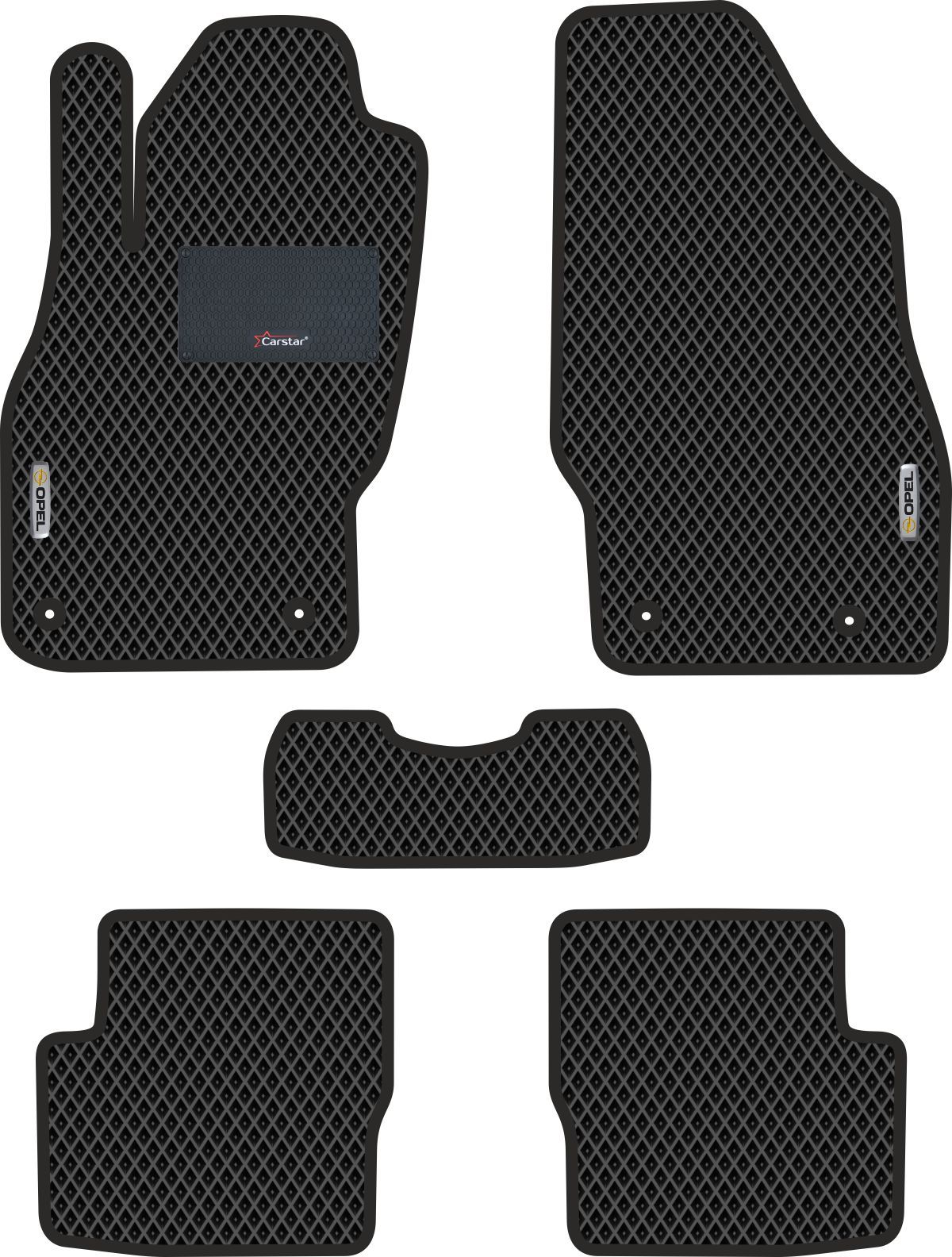 Автомобильные коврики EVA для Opel Corsa D (2006-2014), с каучуковым подпятником и 2 эмблемами Opel, чёрные с чёрным кантом, ячейка - ромб