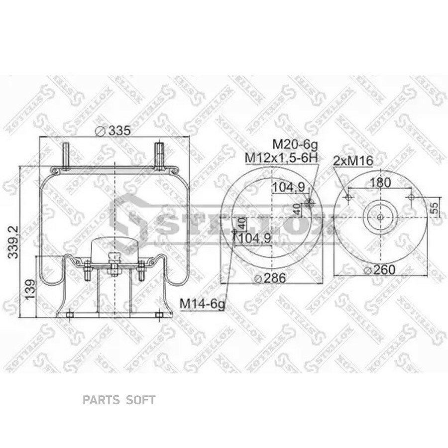 STELLOX 9091305SX 90-91305-SX пневмоподушка со стак!1 шп. M14 1 шп-штуцер М20 снизу 2 отв М16 \Kaiser