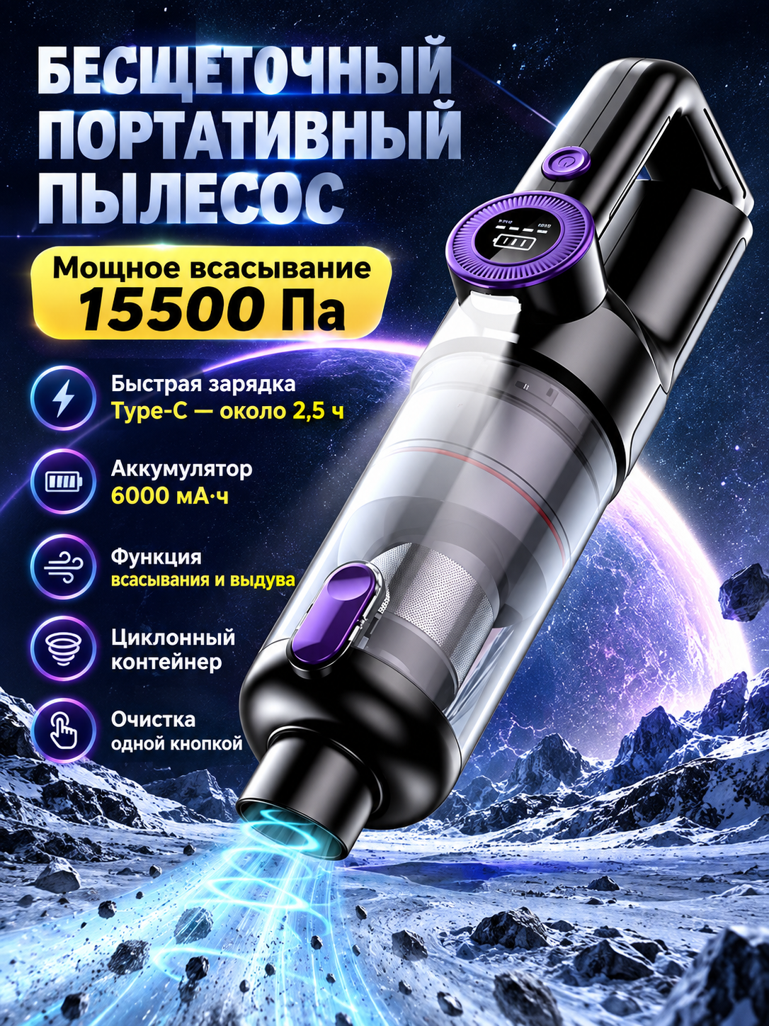 Беспроводной ручной пылесос для автомобиля и дома, 15500 Па, с функцией выдува, бесщеточный, аккумуляторный