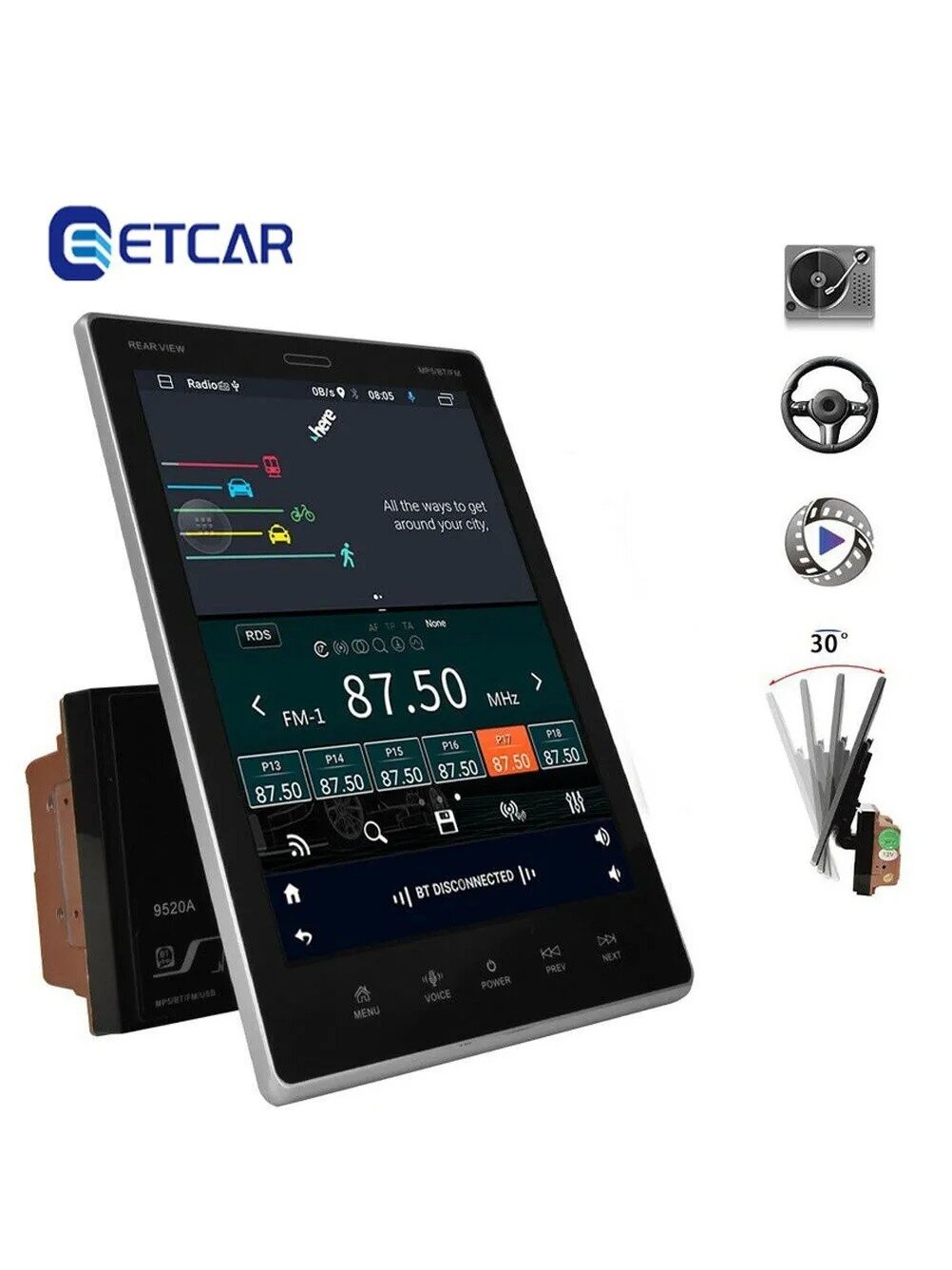 Автомагнитола ETCAR 9.5" 2 DIN с экраном IPS, 2/32 ГБ, Bluetooth и Wi-Fi