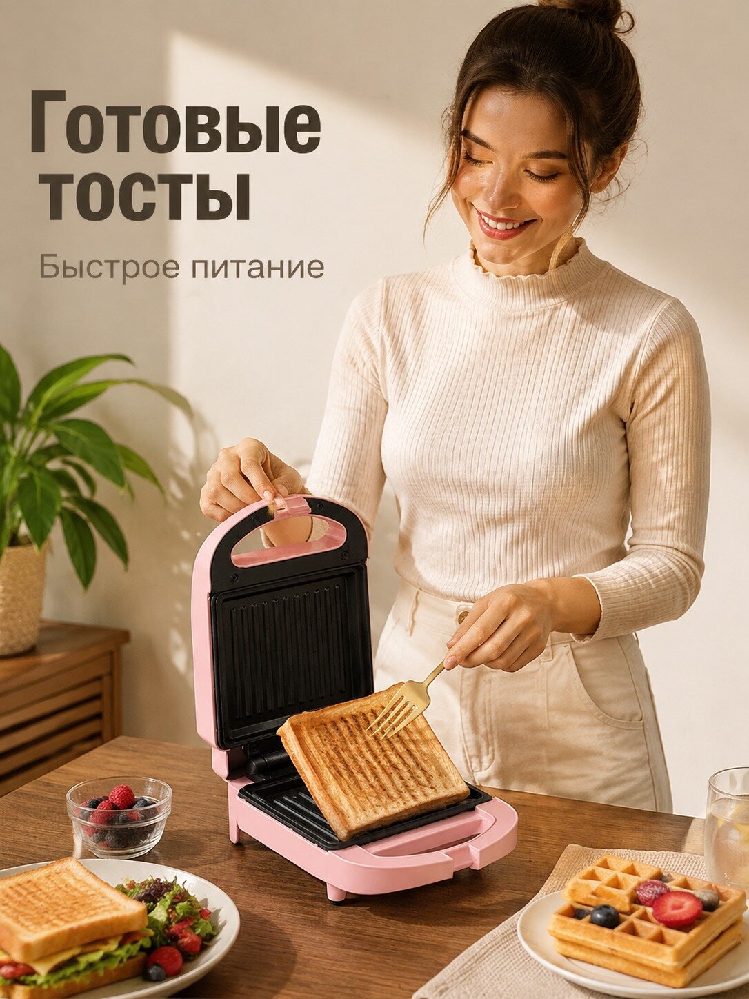 Мини-сэндвичница с двусторонним нагревом и антипригарным покрытием, розовая, Розовый