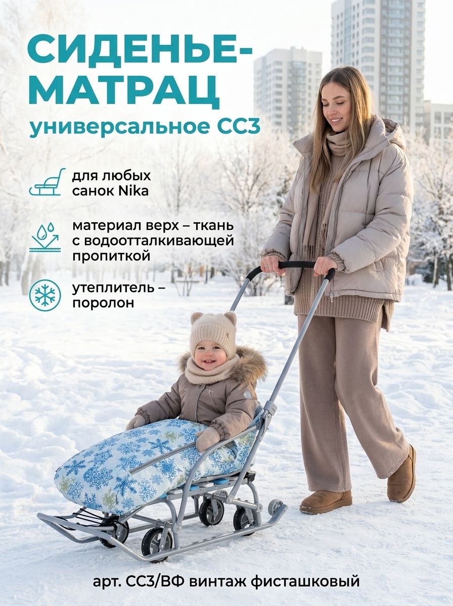 Сиденье - Матрац для санок универсальное СС3, принт Винтаж фисташковый, арт. СС3/ВФ Nika (Ника)